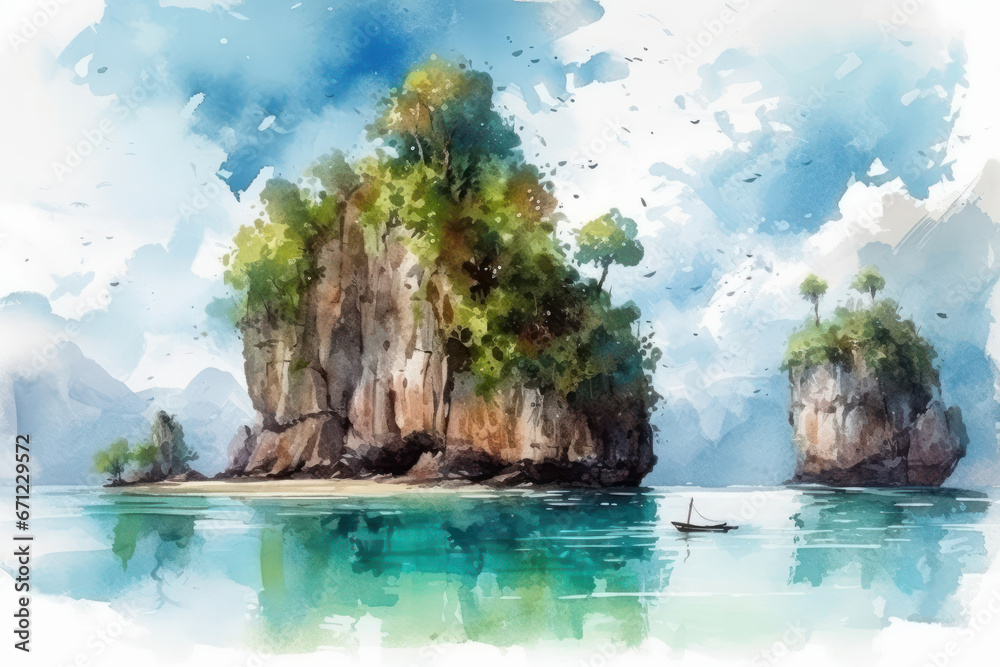 Watercolor drawing of Koh hong beach in Thailand. Generative AI. Stock ...