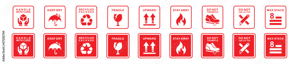 Fragile package icon set. delivery shipping labels flat style. handle ...
