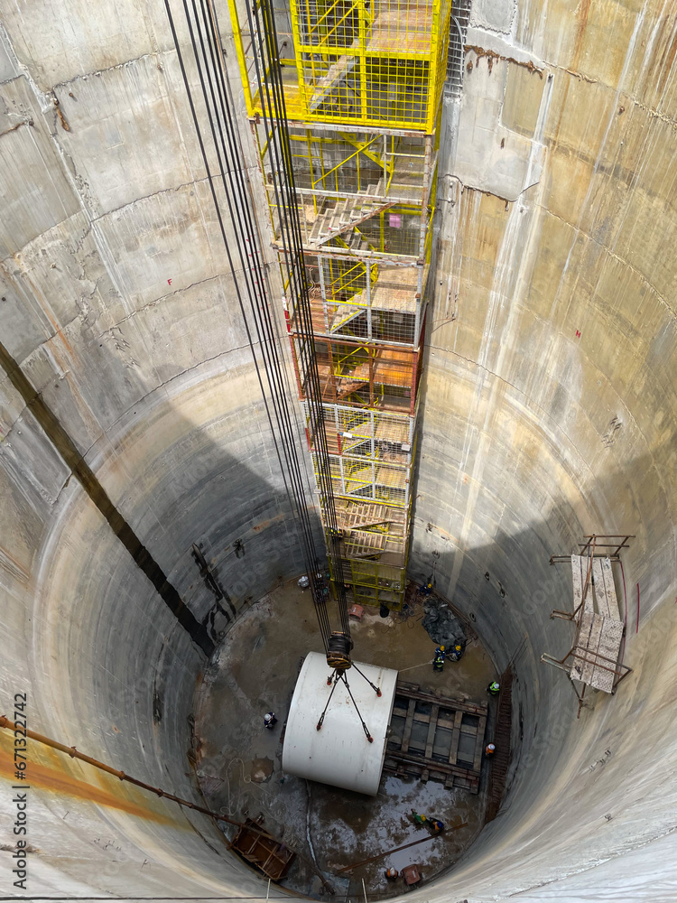 Lift the drill head of tunnel boring machine into the construction ...