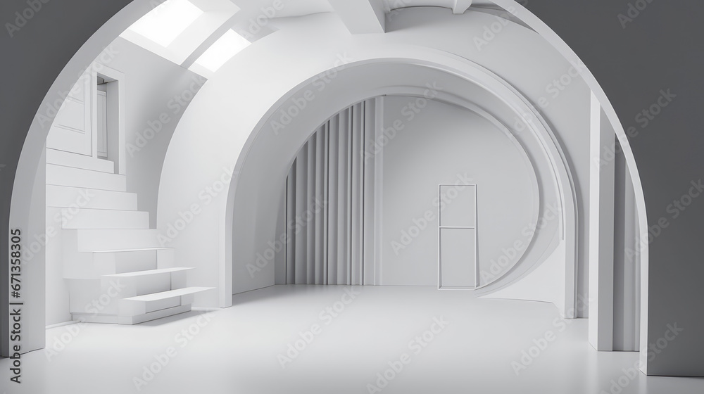 An empty, modern indoor space with white curved structures, stairs on ...