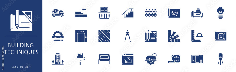 Building Techniques icon collection. Containing Helmet, House Design ...
