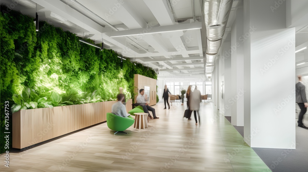 A modern office interior featuring green walls and ecofriendly elements ...