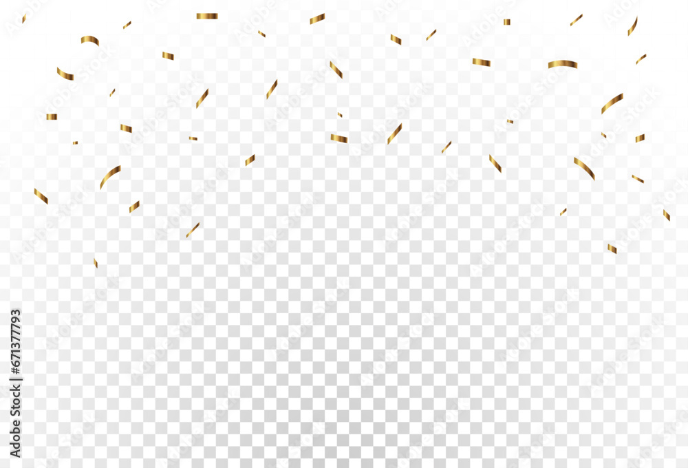Small gold confetti and ribbon streamers falling on transparent ...