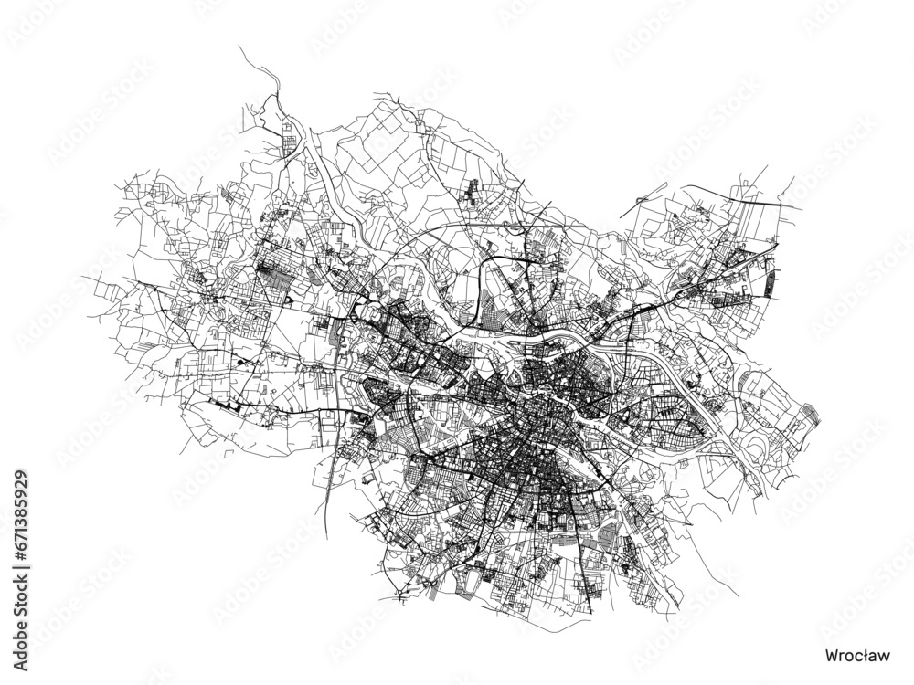 Wroclaw city map with roads and streets, Poland. Vector outline ...