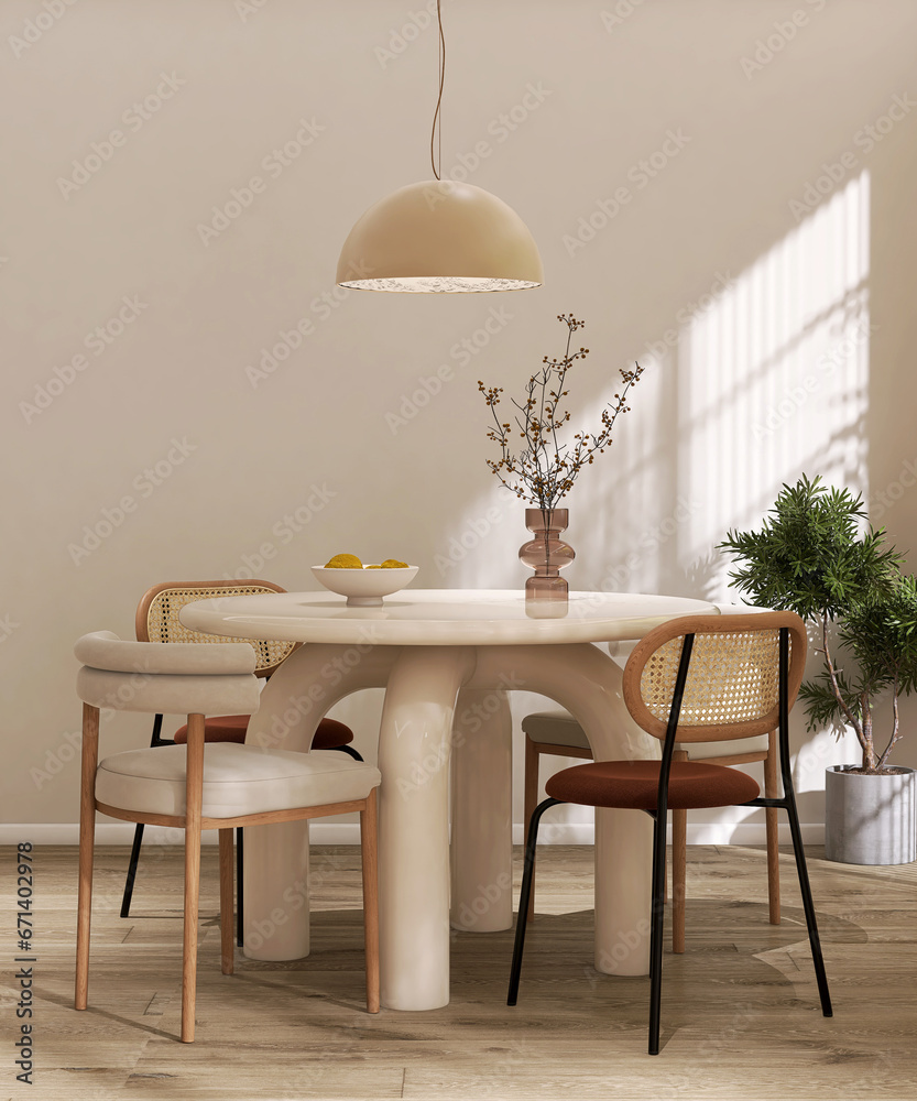 Japandi style beige dining room with round table, chair, green tree ...