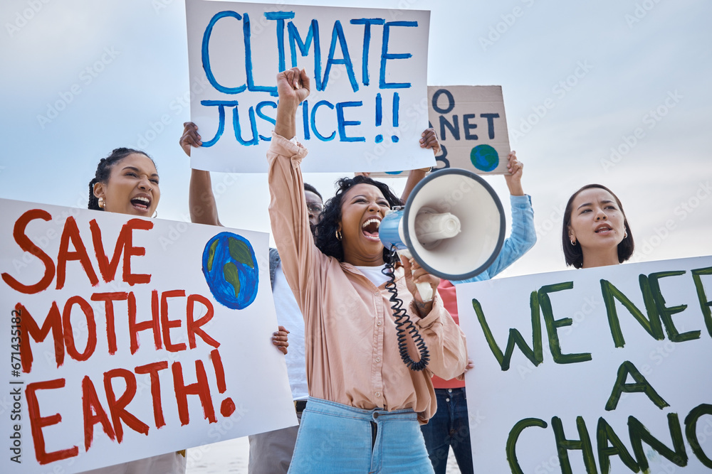 Black woman, climate change and megaphone protest with crowd protesting ...