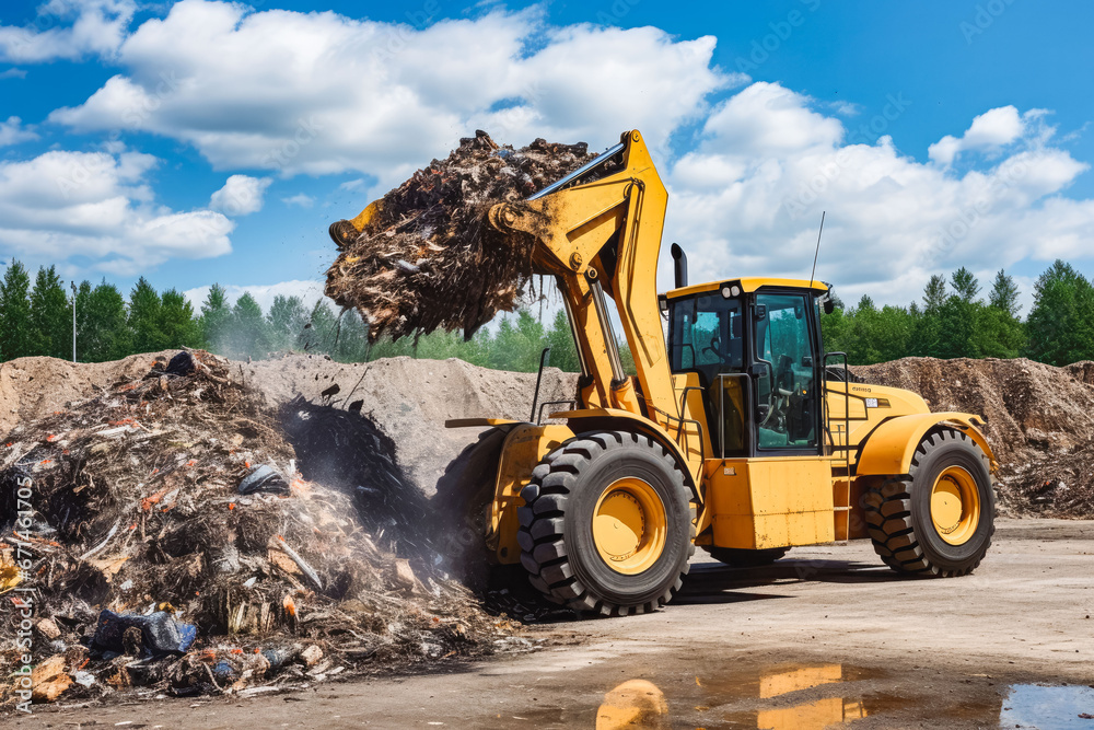 Yellow wheel loader with lifted scrap grapple moving a pile of garbage ...