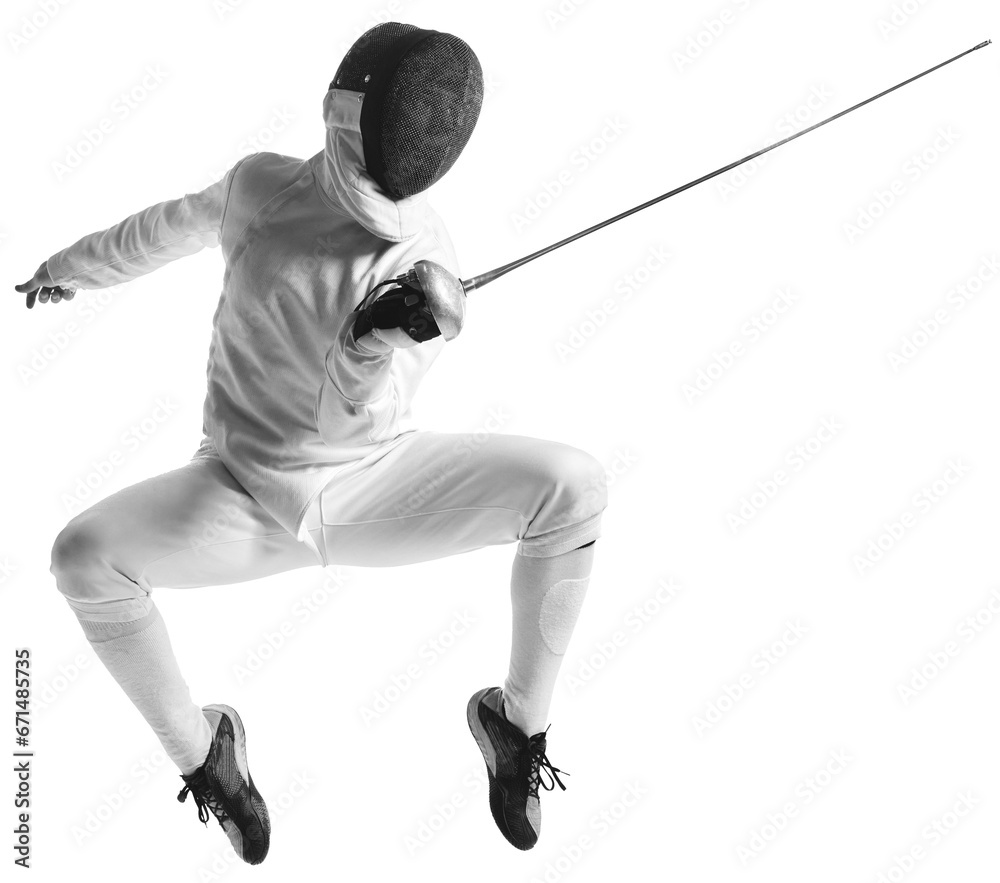Dynamic portrait of athlete in fencing costume with sword in hand jumps ...