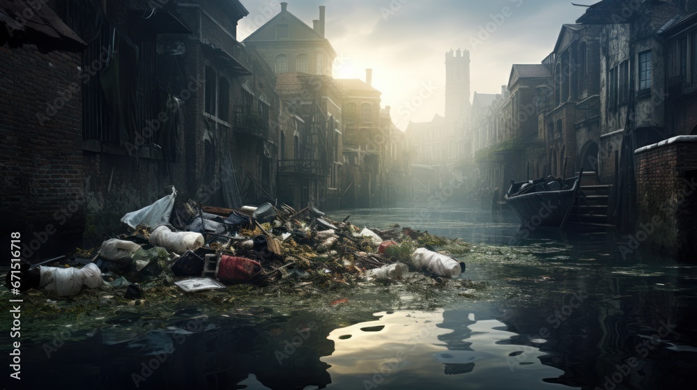 The garbage in the canal of the bustling city, which has buildings on ...