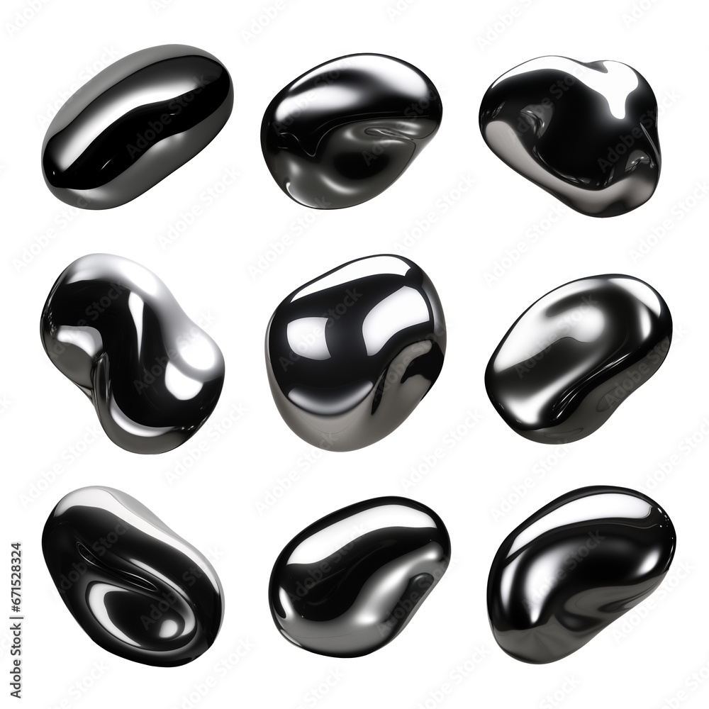 Liquid metal chrome blobs isolated png. Melted chrome drop shapes on ...