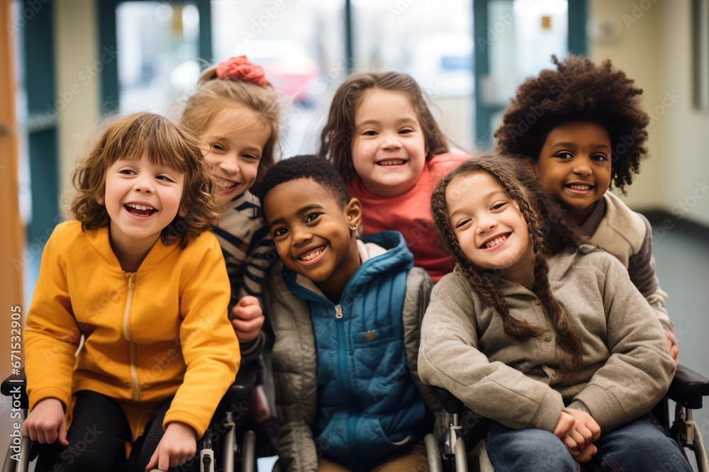 diverse kids hugging at school and posing for photo. Inclusive ...