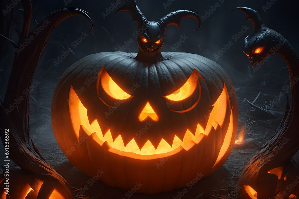 a malevolent-looking pumpkin with a sinister grin and glowing ...