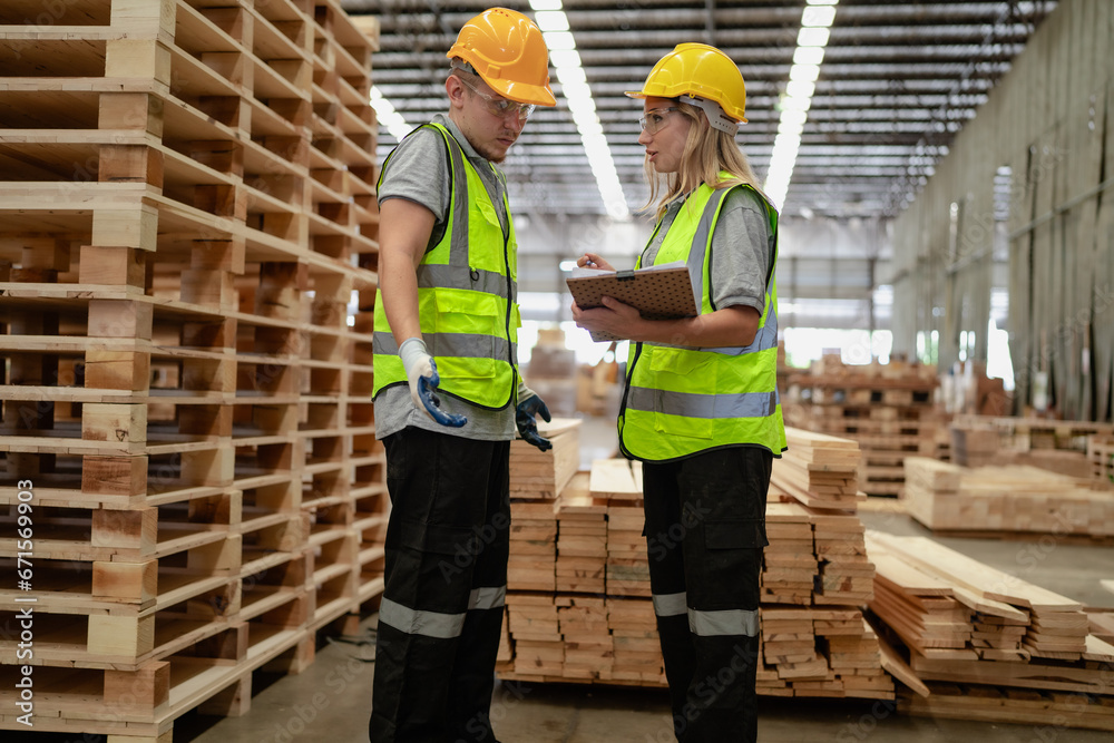 Engineer team standing walking in warehouse examining hardwood material ...