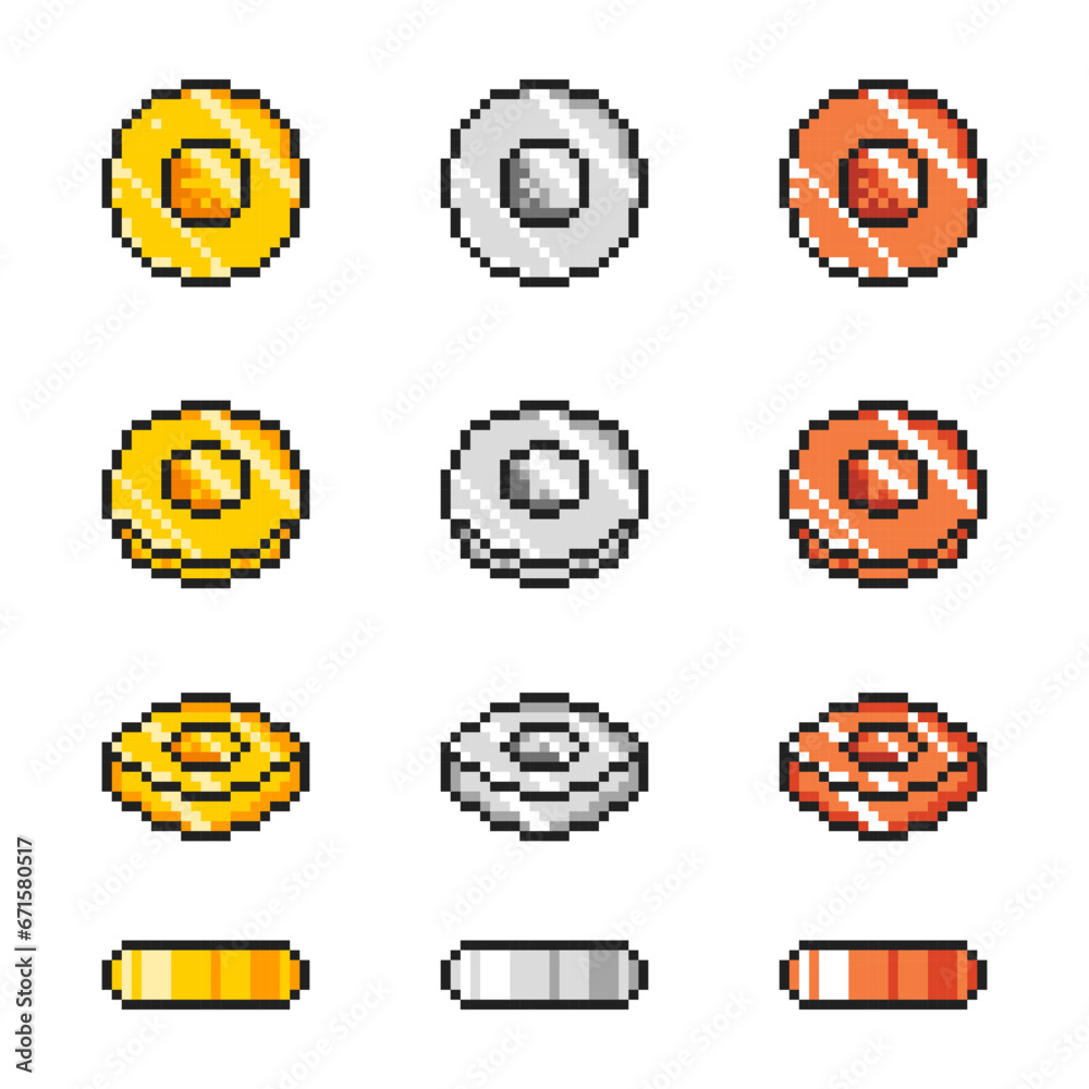 Game art vector illustration pixel coins set. Coins of gold, silver and ...