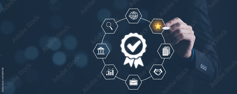 Quality assurance of business services, Businessman Hand shows the sign ...