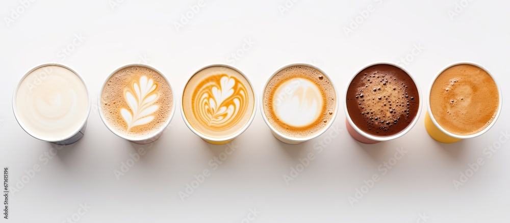 Latte coffee in a paper cup viewed from above white background Stock ...