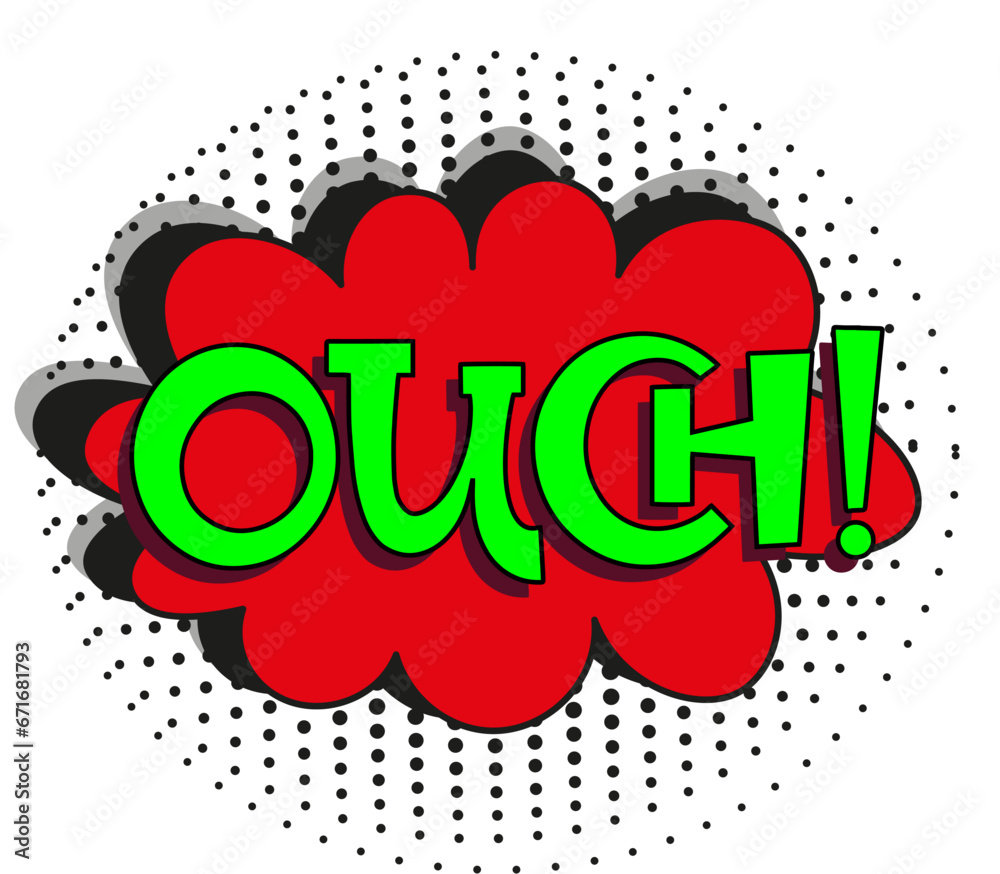 Comic lettering ouch with red lips and an open mouth. Vector bright cartoon illustration in ...