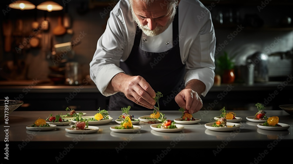 horizontal view of a fine dining chef plating small dishes AI generated ...