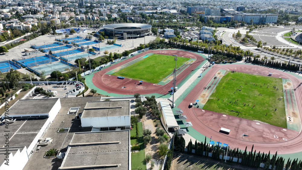 Aerial drone panoramic view of sports facilities of OAKA and Olympic ...