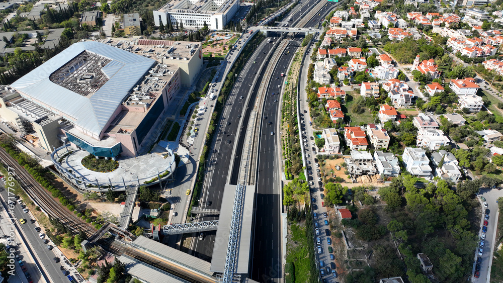 Aerial drone panoramic view of sports facilities of OAKA and Olympic ...