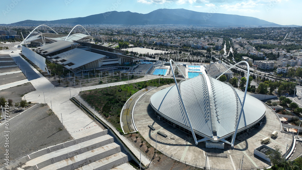 Aerial drone panoramic view of sports facilities of OAKA and Olympic ...