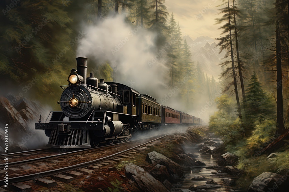 Classic steam locomotive train watercolor clipart for backgrounds. A ...