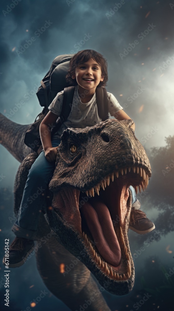 A young boy riding on the back of a dinosaur. Generative AI. Stock ...