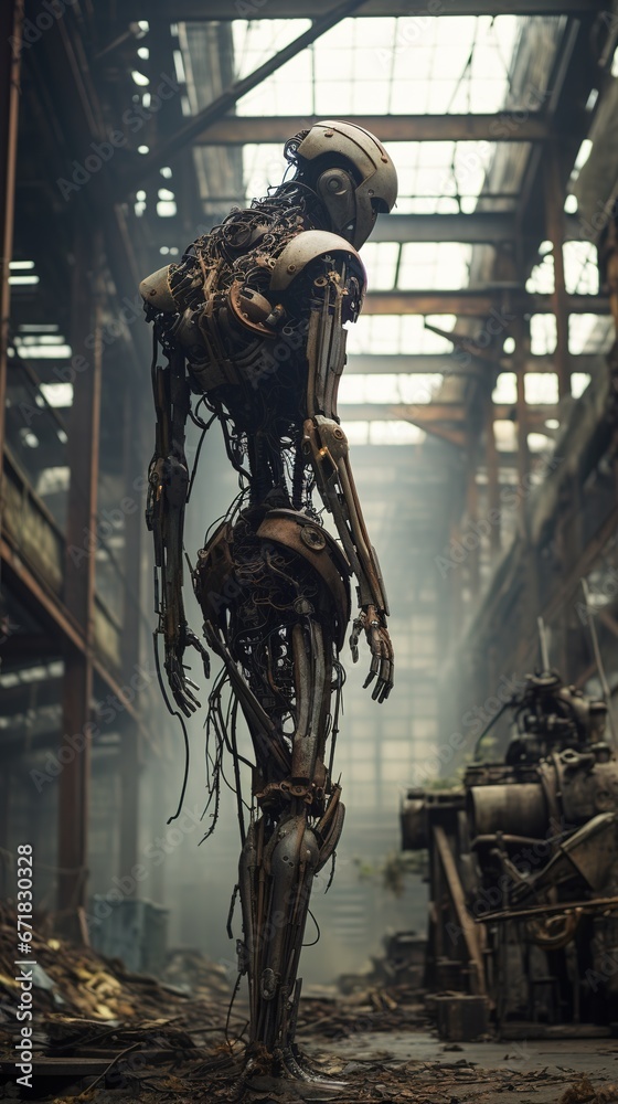 In an intricate scene, a robotic-biological hybrid alien creature, with ...