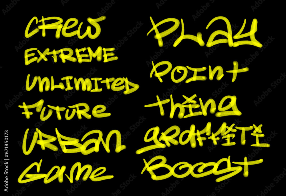Collection of graffiti street art tags with words and symbols in yellow ...