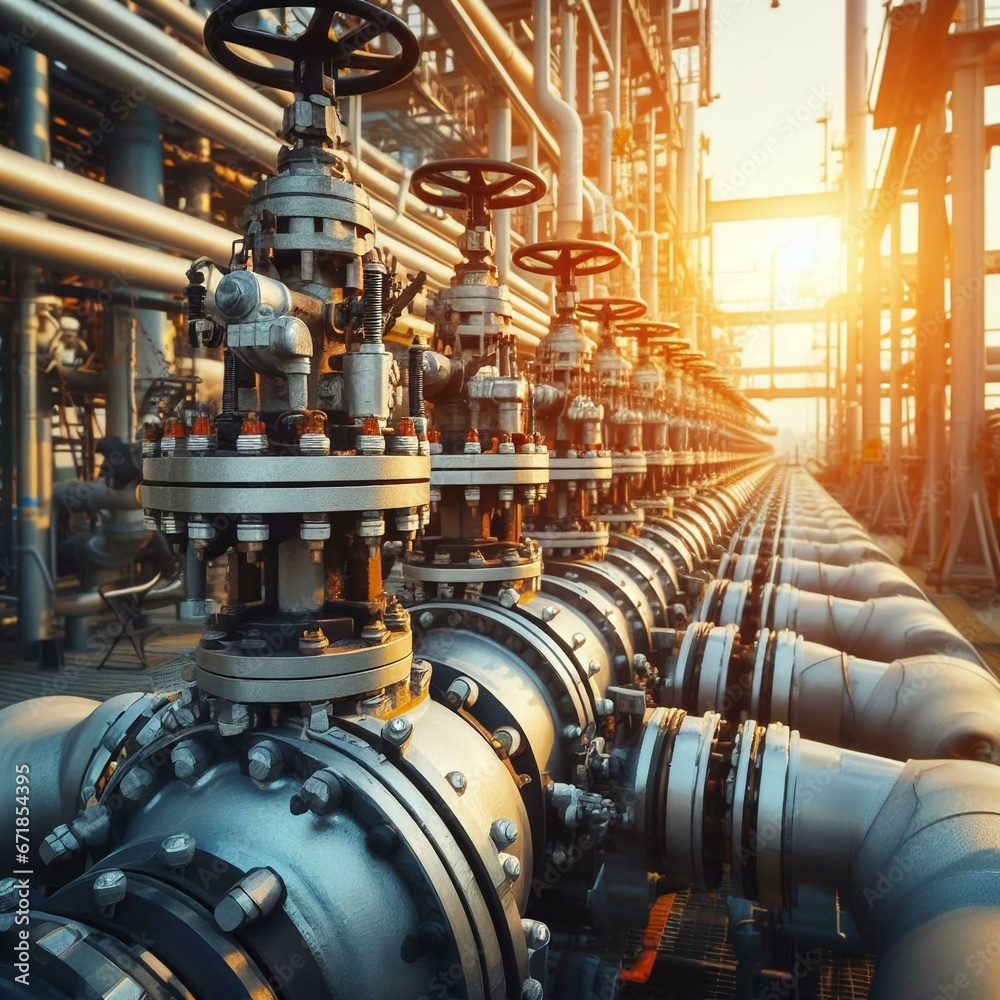 Pipeline valves at the gas plant close-up of hydraulic system pipes ...
