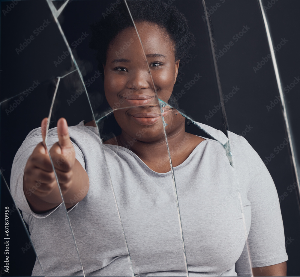 Healing, success and woman portrait with thumbs up in broken mirror ...