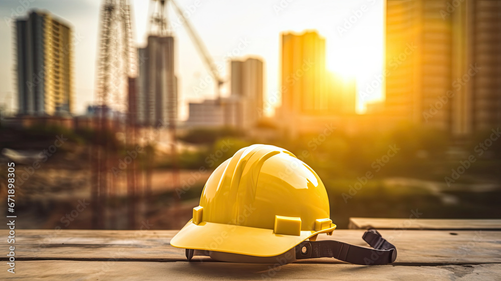 Helmet in construction site and construction site worker background ...