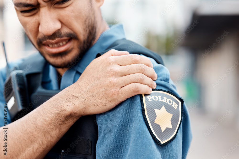 Shoulder pain, man or police officer with injury from accident crime ...
