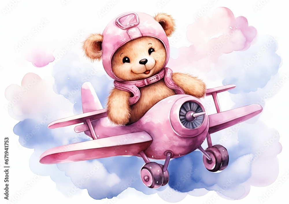 teddy bear wearing pink hat scarf sitting plane illustration sky high ...