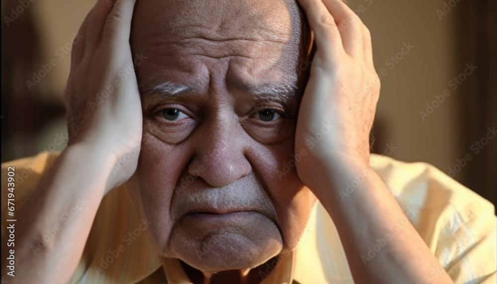 Sad depressed desperate grieving crying senior man with folded hands and tears eyes during ...