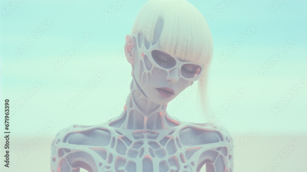 Cyber female robot android with lifeless brown desert dune backdrop ...