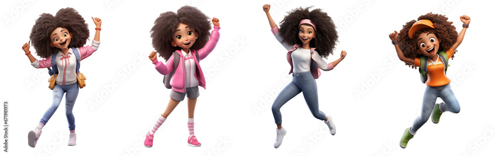 Group of 3D cartoon character young woman overjoyed excited happy cool ...