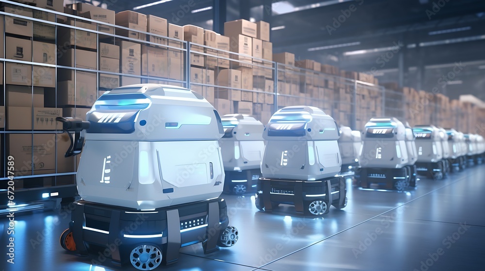 Future Technology 3D Concept: Automated Retail Warehouse AGV Robots with Infographics Delivering ...