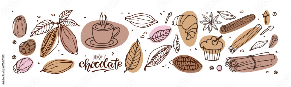 Hot Chocolate set. Hand drawn sketch vector Cocoa beans, leaves, cup ...