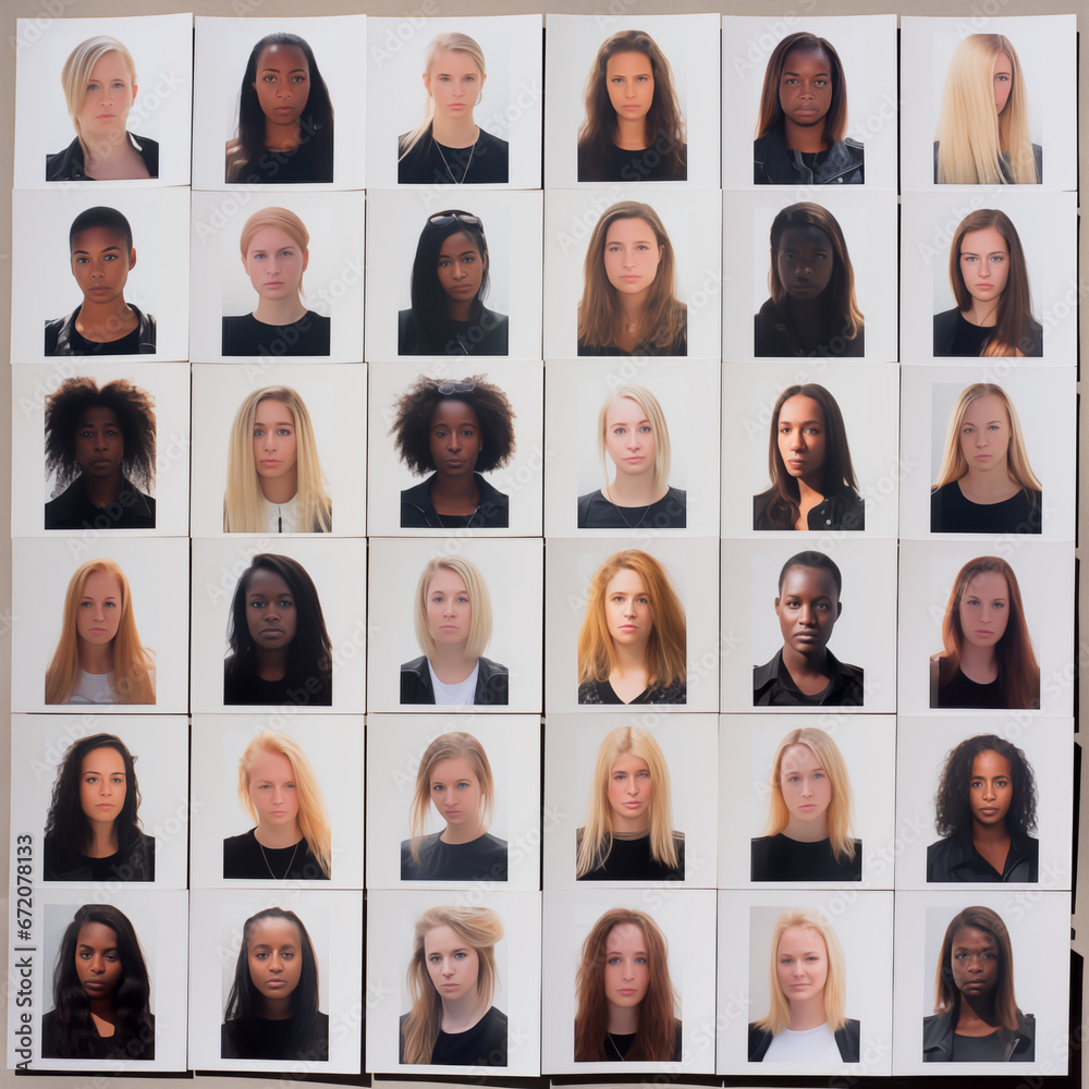 Portraits, passport or identity card photos of multiple people of ...
