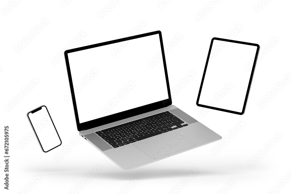 Laptop, Smartphone, Tablet mockup flying isolated with transparent ...