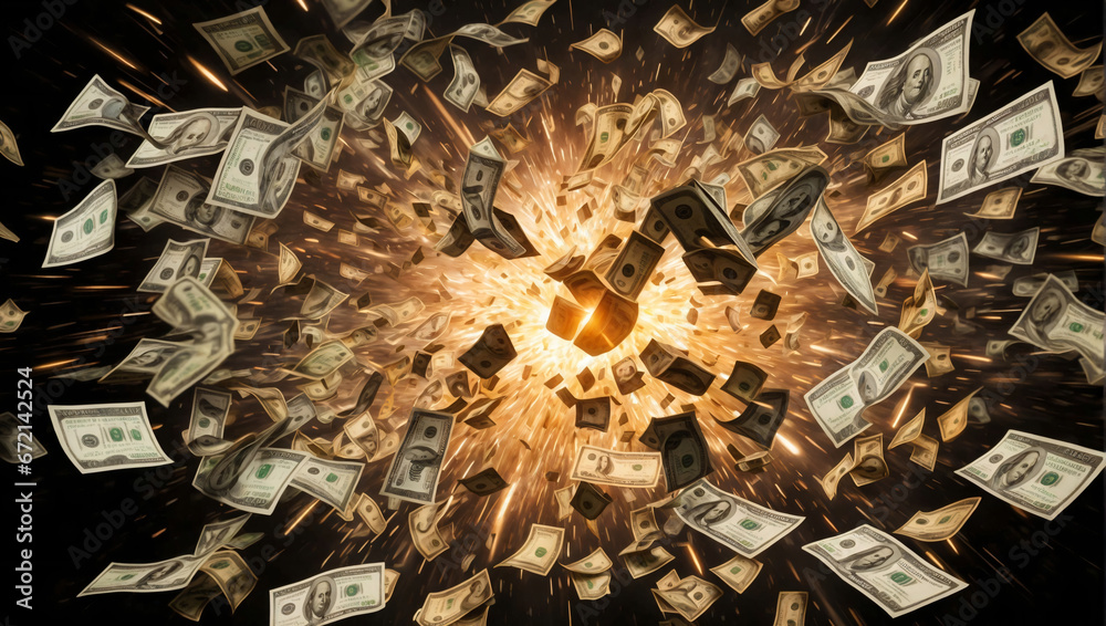 Concept of burning money bills to symbolize the demise of money and ...