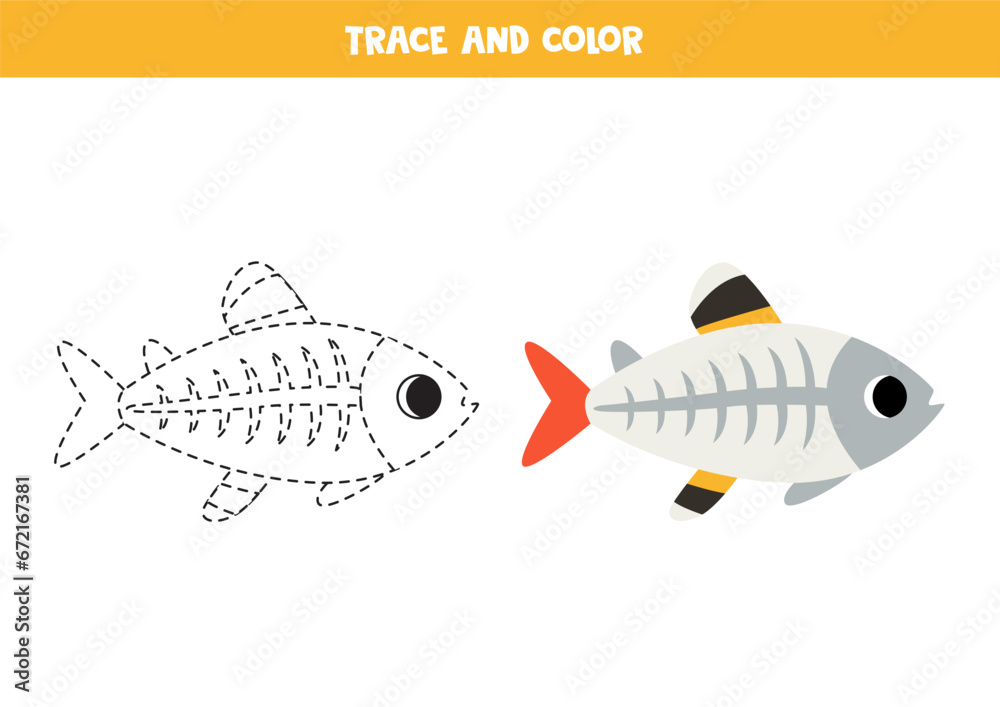Trace and color cartoon x ray fish. Worksheet for children. Stock ...