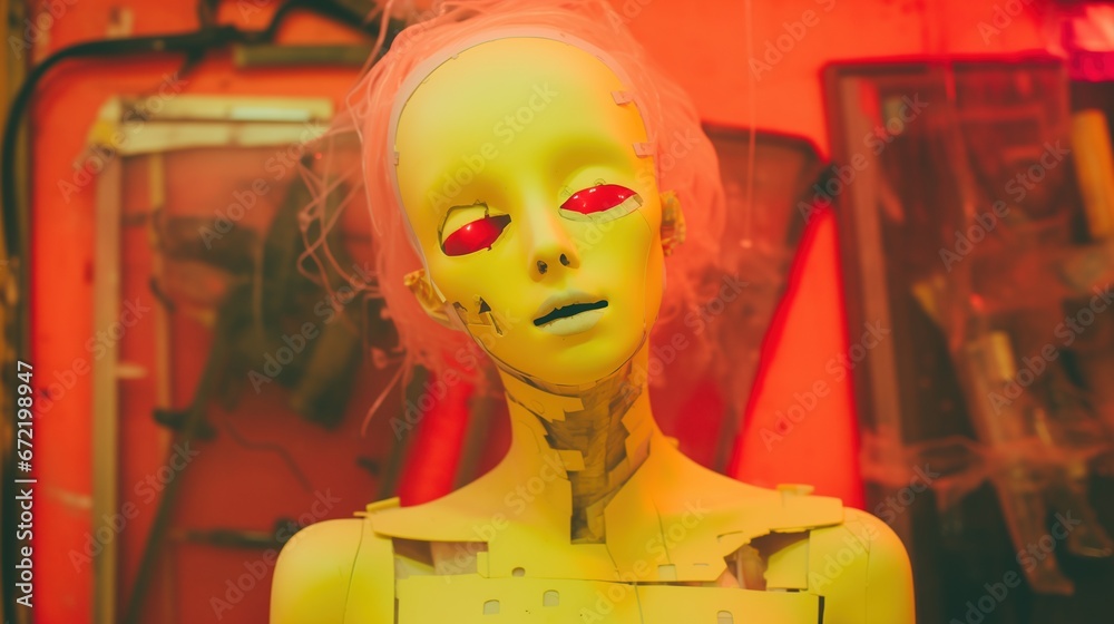 Cyberpunk slum junkyard cyber female robot, imperfect and expired scrap ...