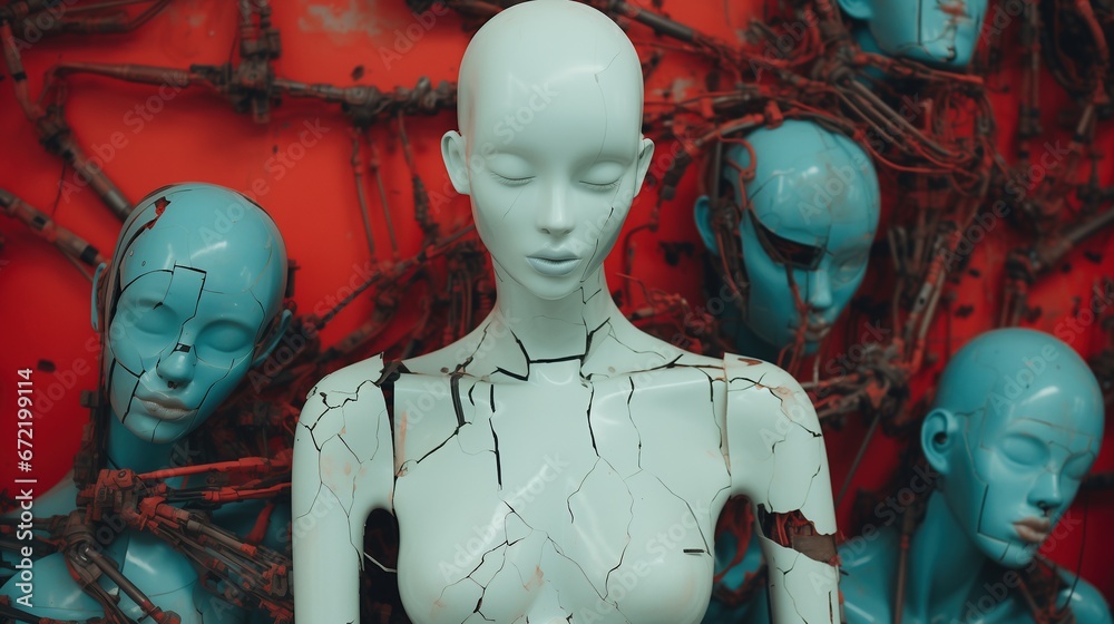 Cyberpunk slum junkyard cyber female robot, imperfect and expired scrap ...