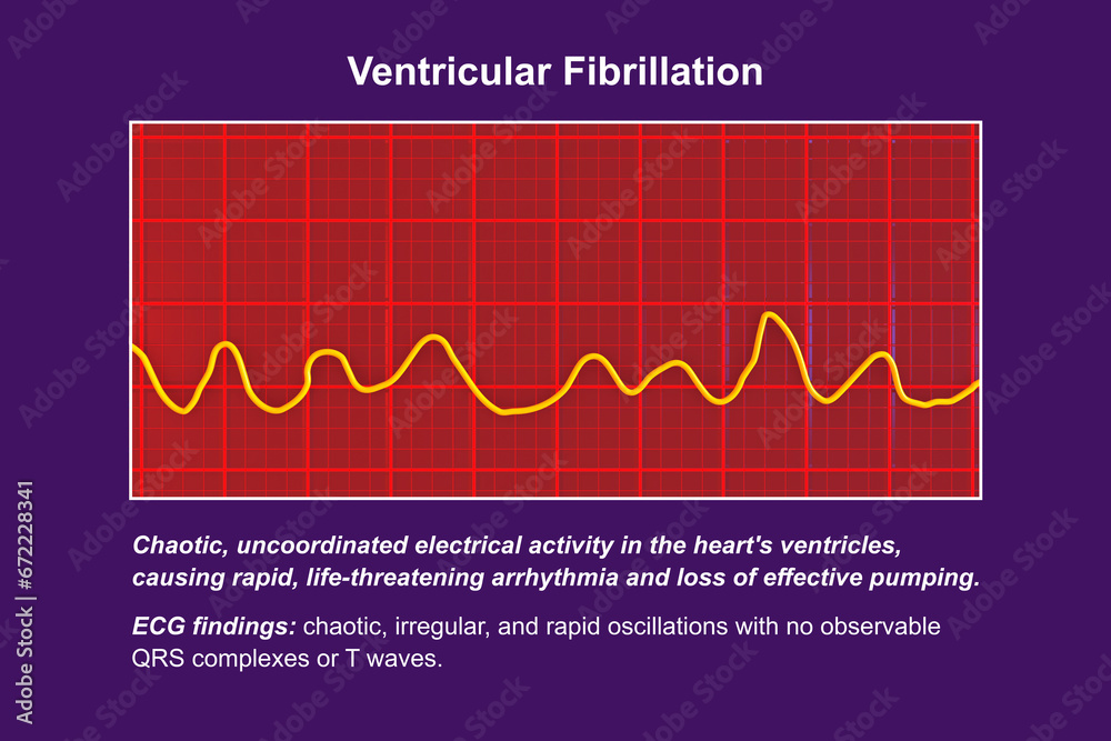 ECG displaying the chaotic rhythm of ventricular fibrillation, 3D ...