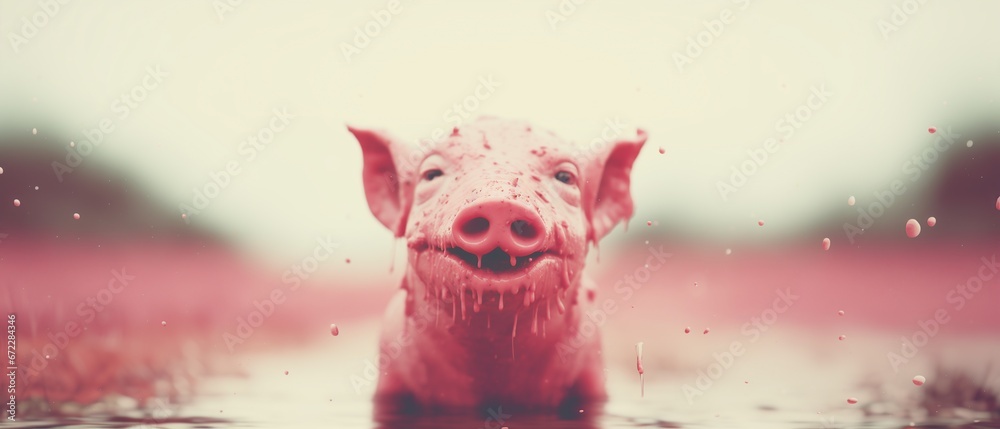 Bizarre pink silicone pig toy in dripping wet and submerged in mud pool ...