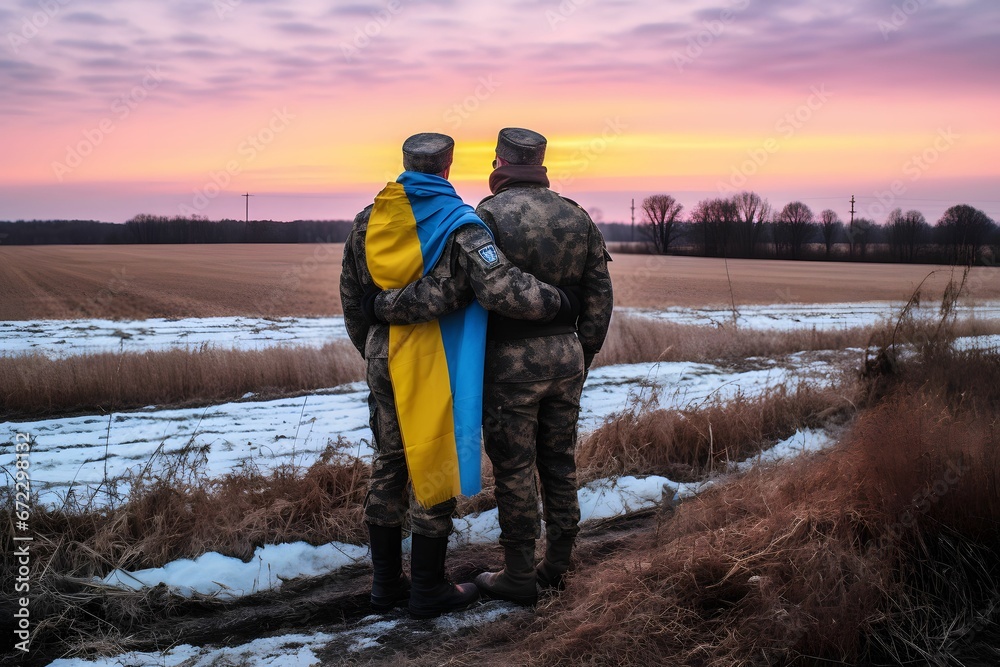 AI generated image of uniformed military men with Ukrainian flag ...