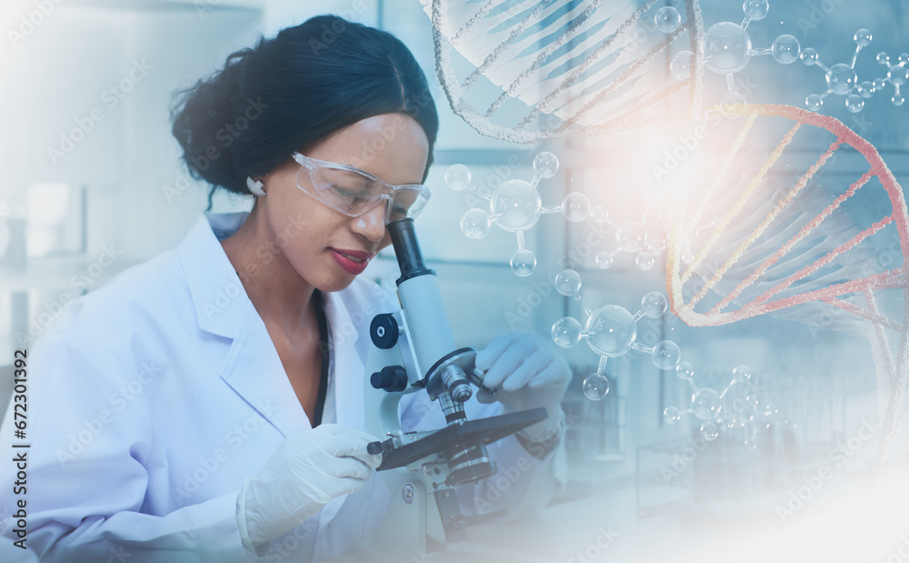 Doctor or scientist use microscope,with molecular and DNA structure and ...