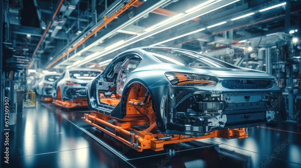 Futuristic electric car automated robot arm assembly line manufacturing ...